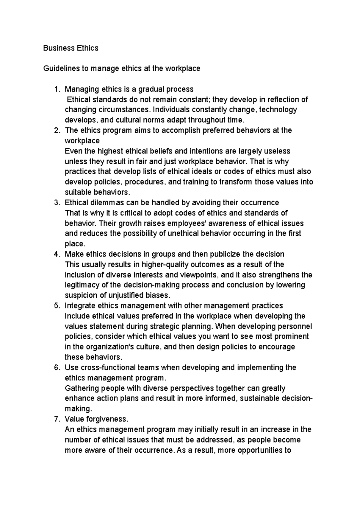 Business Ethics - Guidelines to manage ethics at workplace - Business ...
