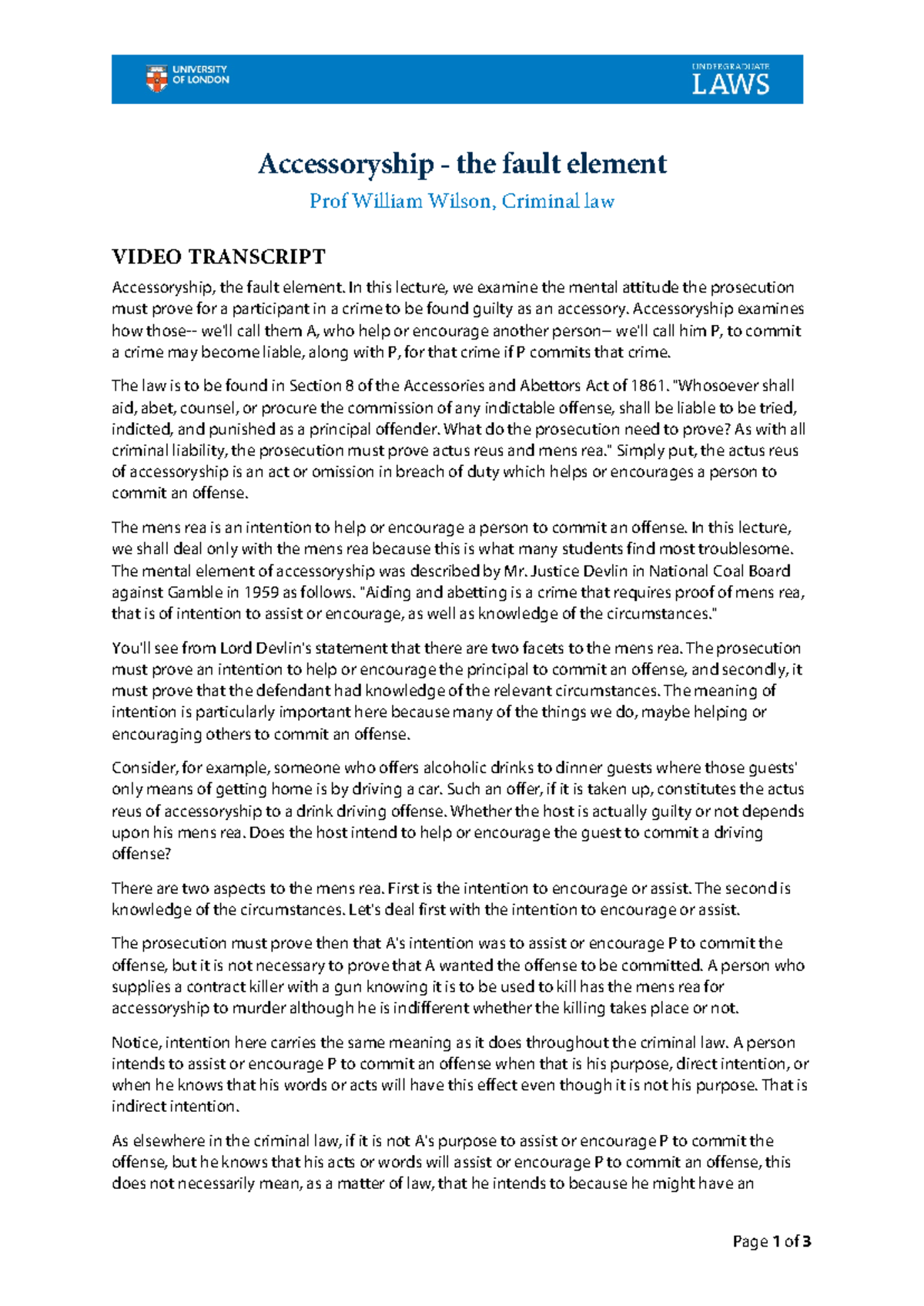 Ch16 Transcript Mini Lecture Page 1 Of 3 Accessoryship The Fault Element Prof William Wilson