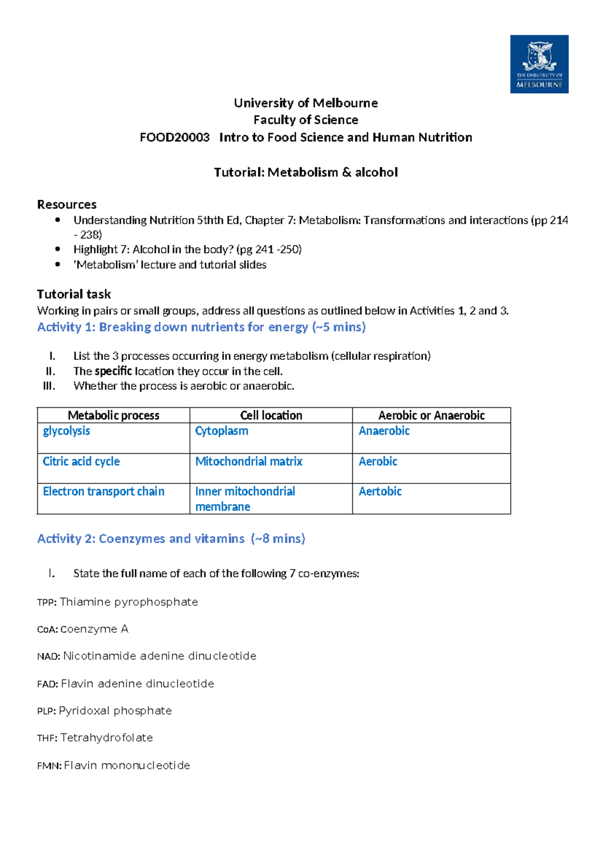 Metabolism tutorial activity worksheet 2024 - University of Melbourne ...