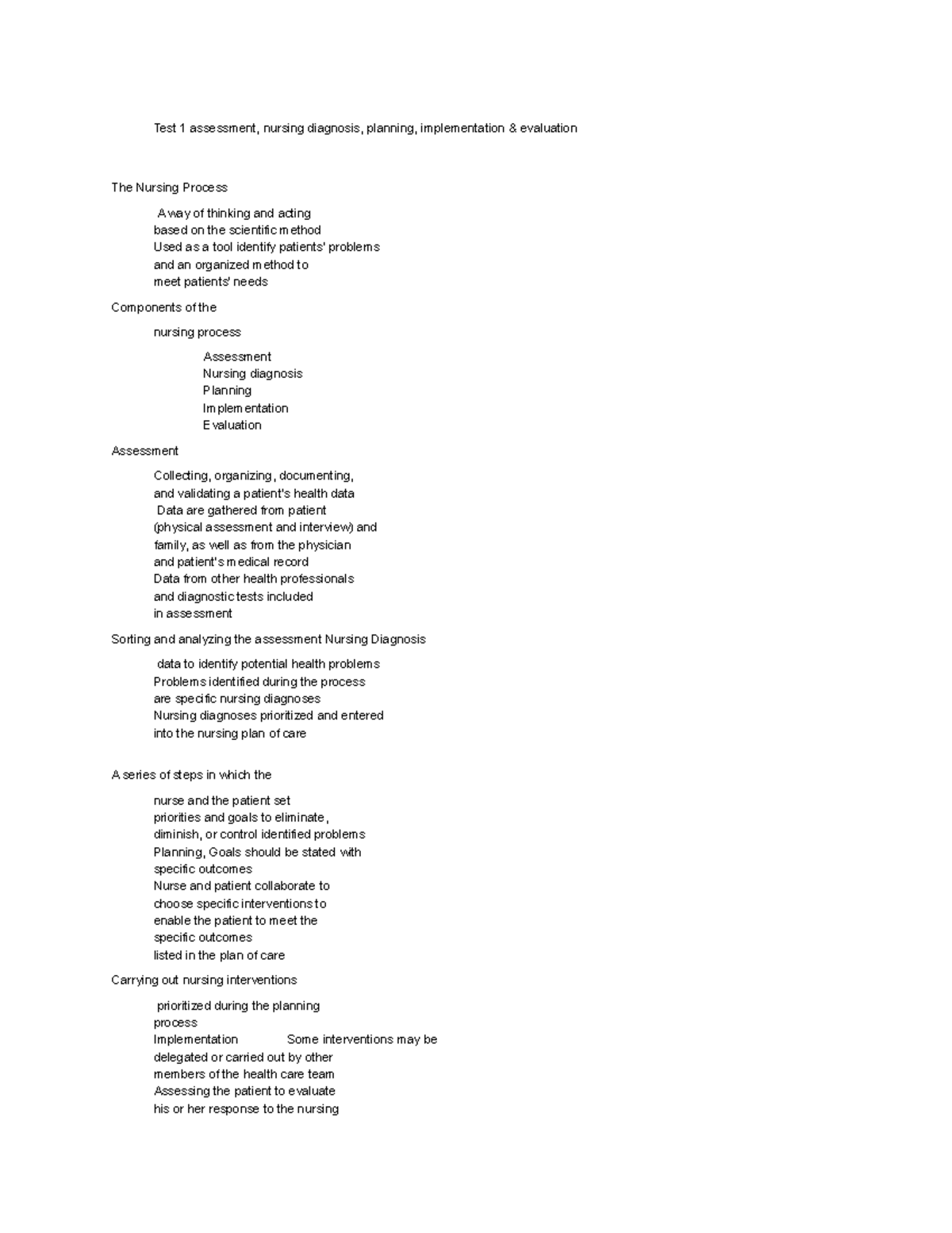 Fundamentals final - power point - Test 1 assessment, nursing diagnosis ...