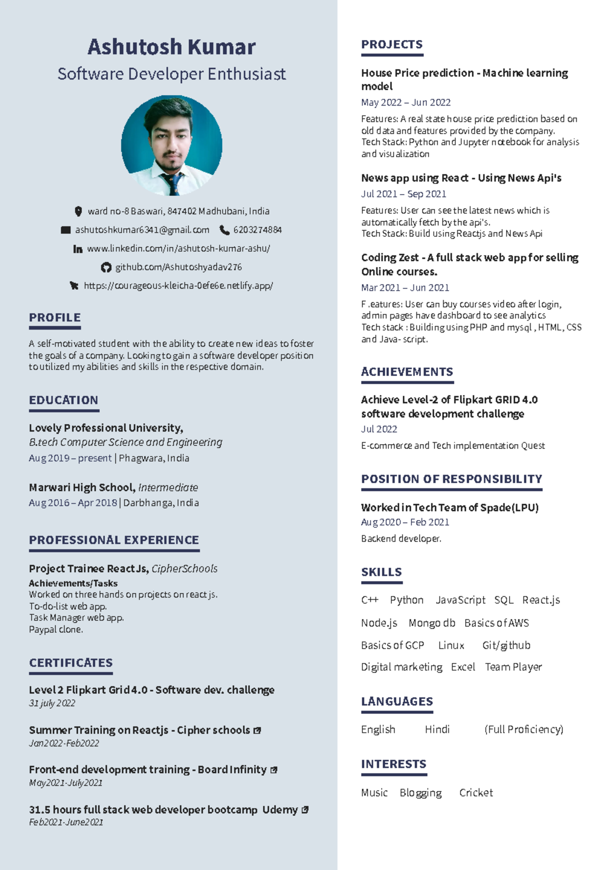 Ashutosh Kumar Resume - Ashutosh Kumar Software Developer Enthusiast ward no-8 Baswari, 847402 ...