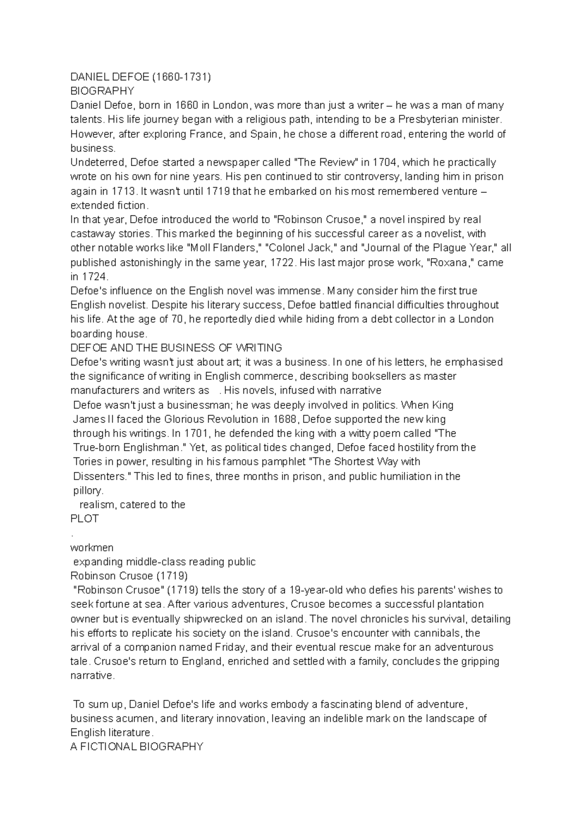 Inglese - riassunto su daniel defoe e la sua opera - DANIEL DEFOE (1660 ...
