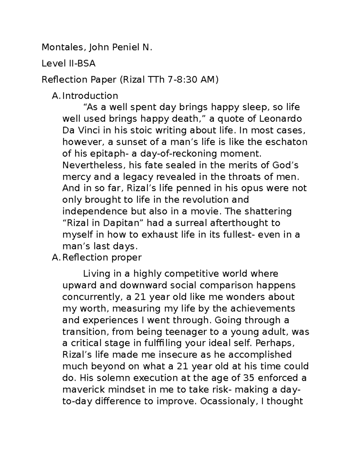 Montales Rizal in Dapitan - Montales, John Peniel N. Level II-BSA ...