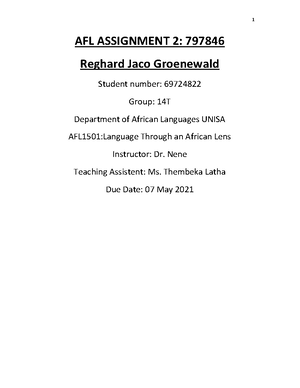 ASSESSMENT 20 AFL2603 - Student number: 69405808 Unique no. 756150. Lindile Happyness Gumede ...