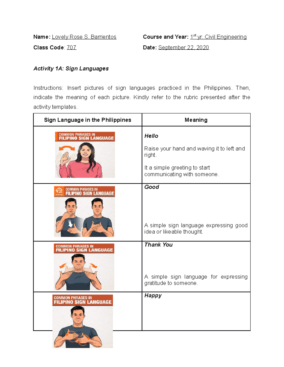 Activity 1A SIGN Language Purposive Communication - Name: Lovely Rose S ...