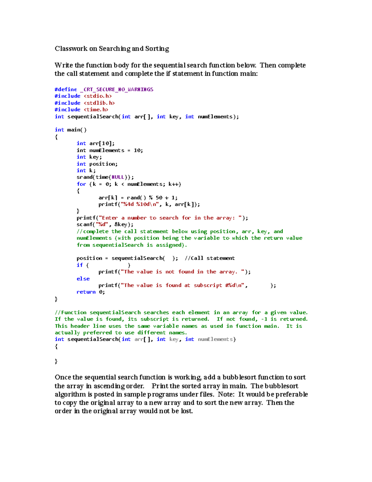 Classwork On Searching And Sorting Sp22 Classwork On Searching And Sorting Write The Function