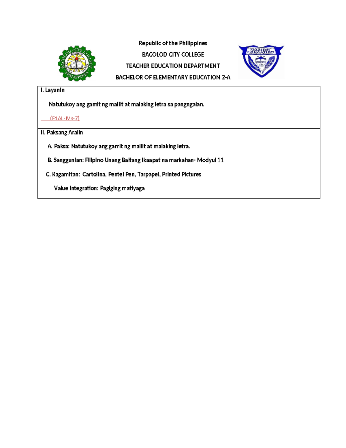 LP Filipino - Republic of the Philippines BACOLOD CITY COLLEGE TEACHER ...