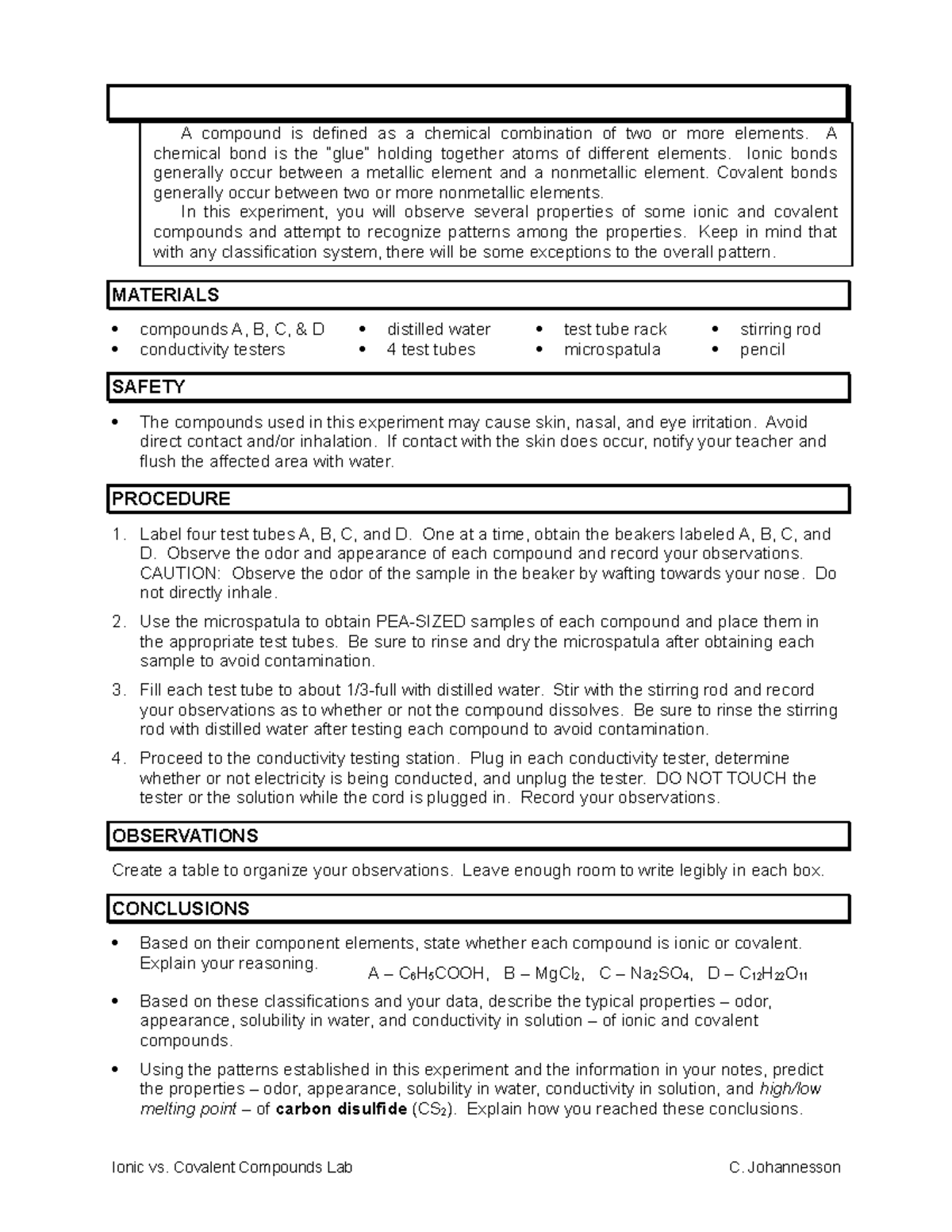 Ioniccov lab - ionic - IONIC VS. COVALENT COMPOUNDS LAB A compound is ...