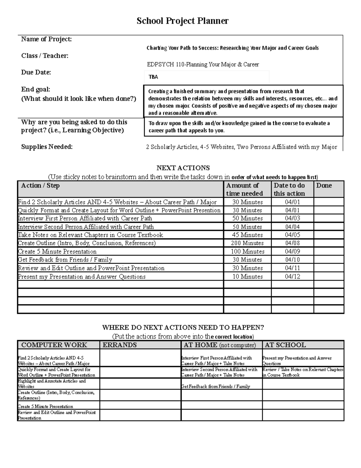 School Project Planning Sheet Ed Psych 110 - School Project Planner ...