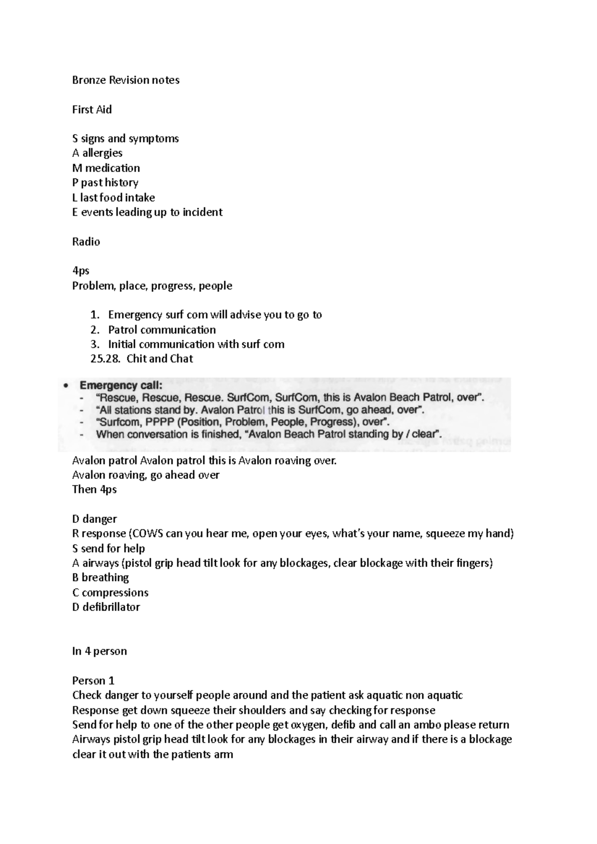 Bronze Revision notes - work - Bronze Revision notes First Aid S signs ...