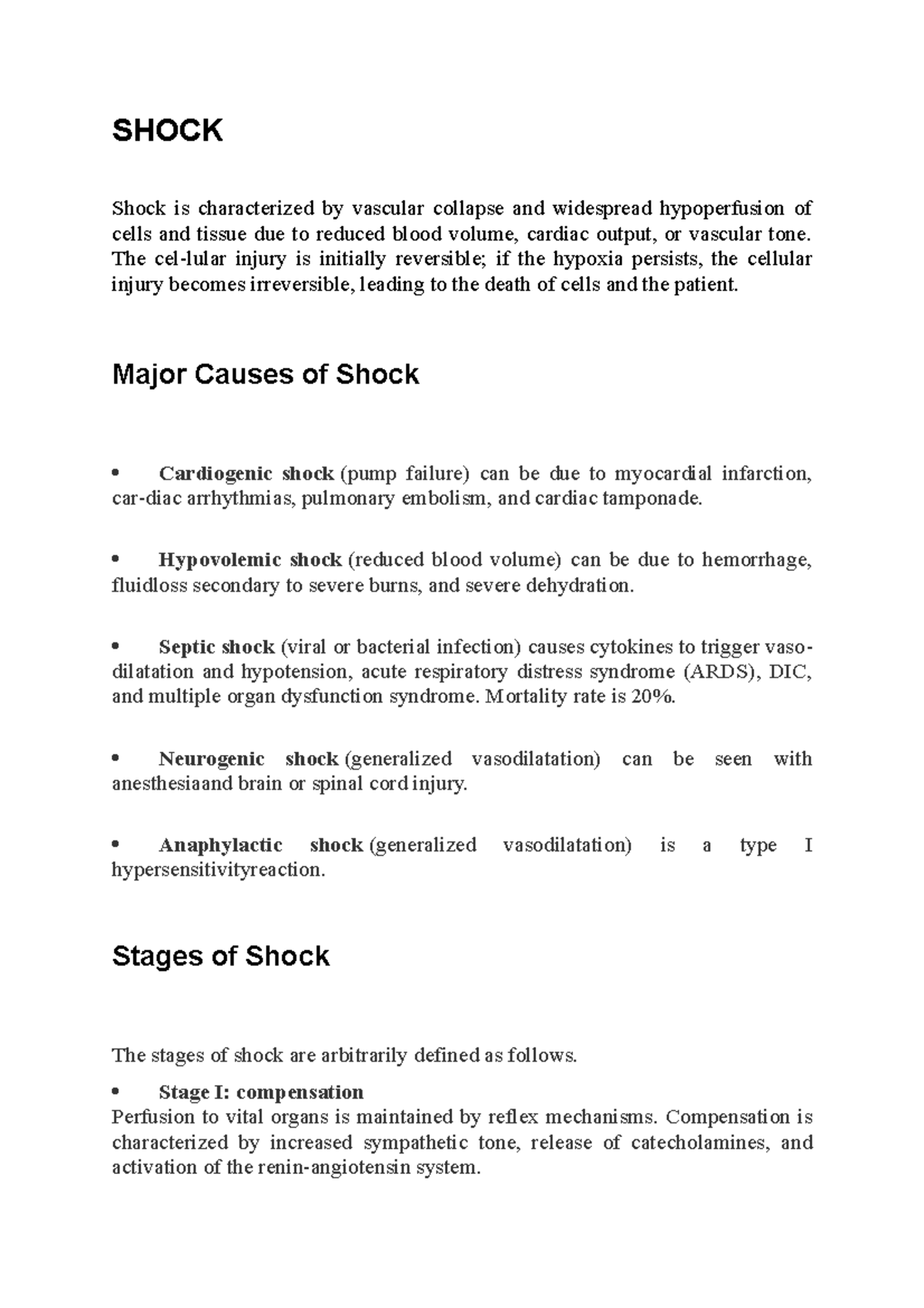 Shock - notes - SHOCK Shock is characterized by vascular collapse and ...