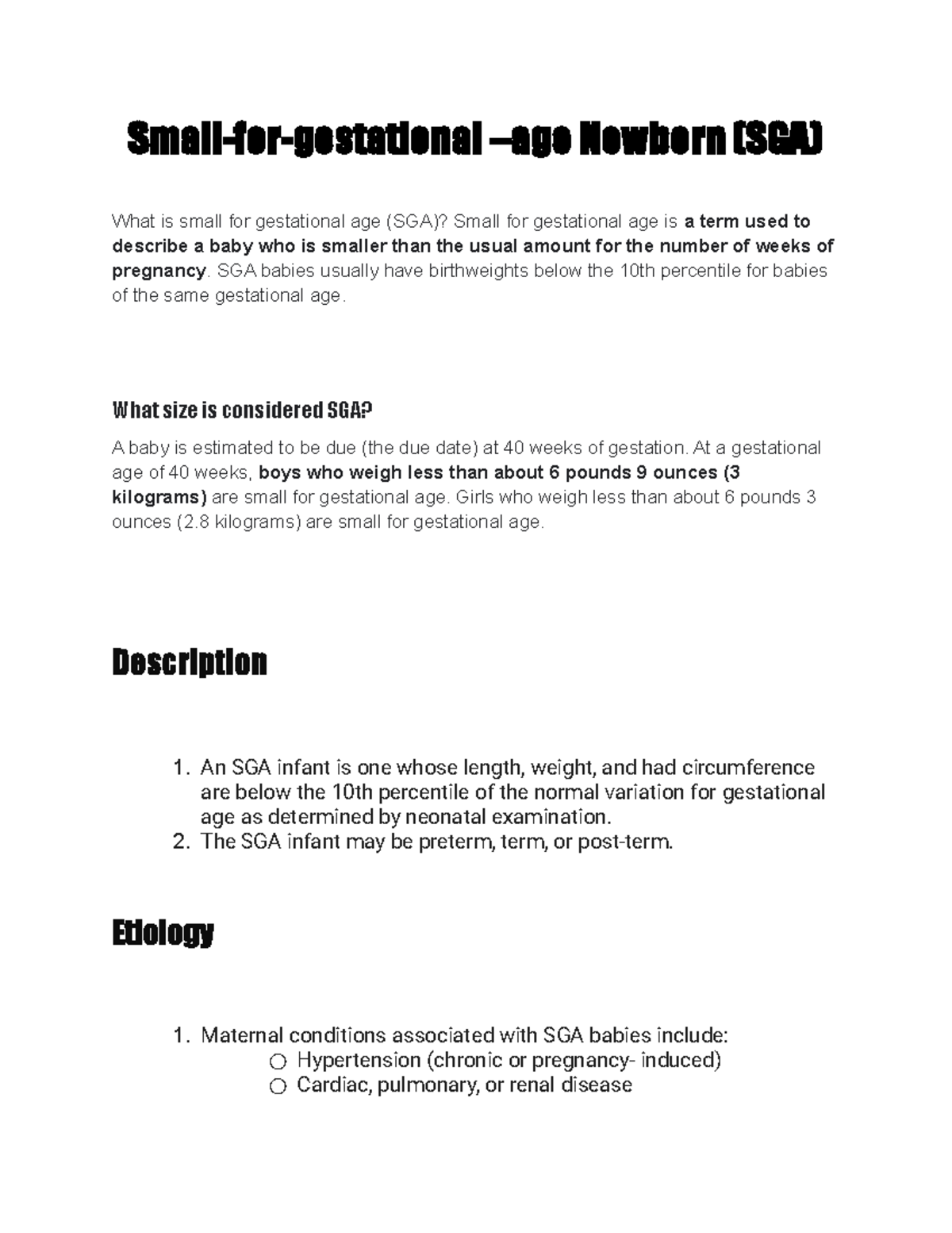 Small-for-gestational –age Newborn (SGA) - SGA babies usually have ...