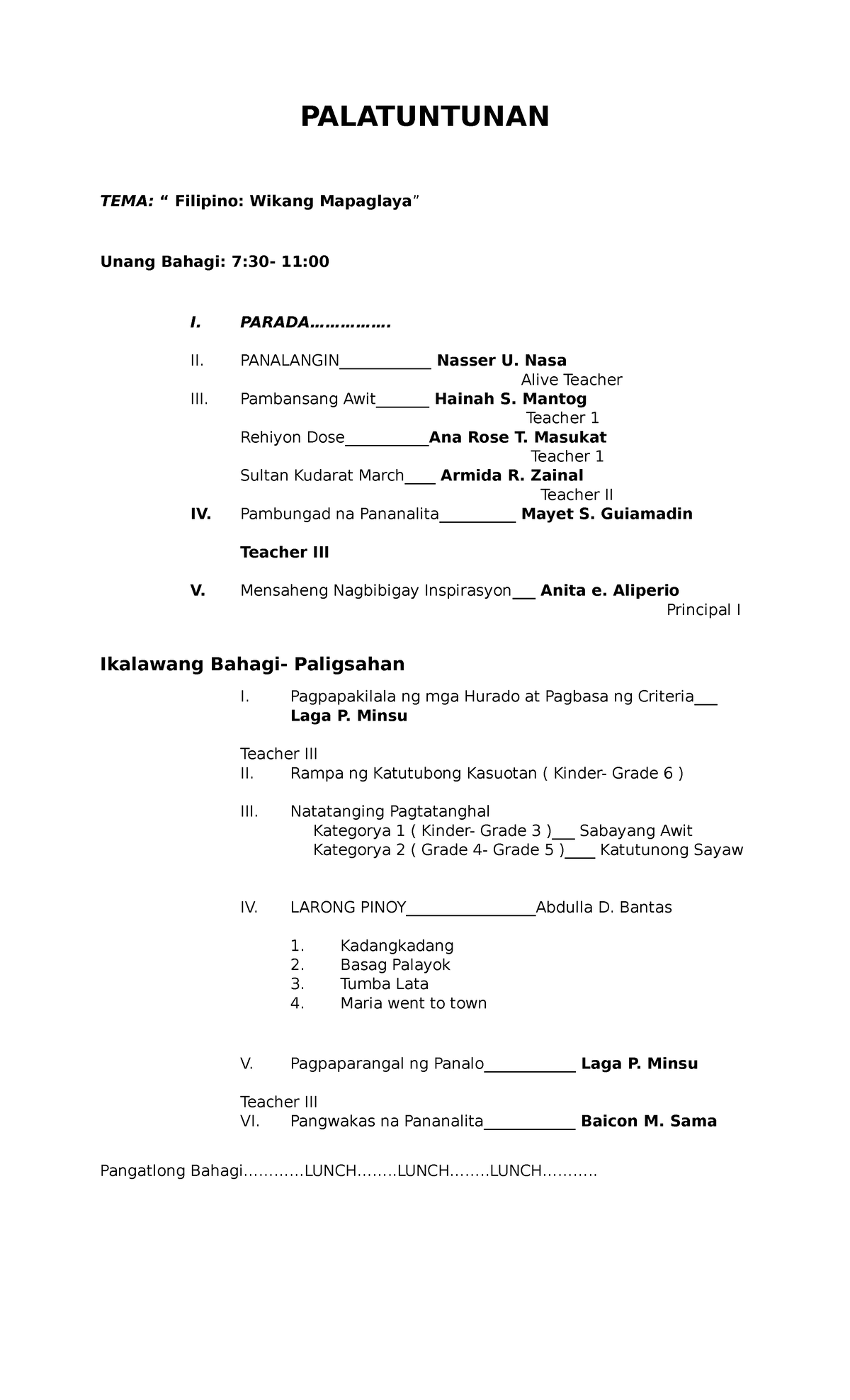 Buwan Wika Palatuntunan - PALATUNTUNAN TEMA: “ Filipino: Wikang ...
