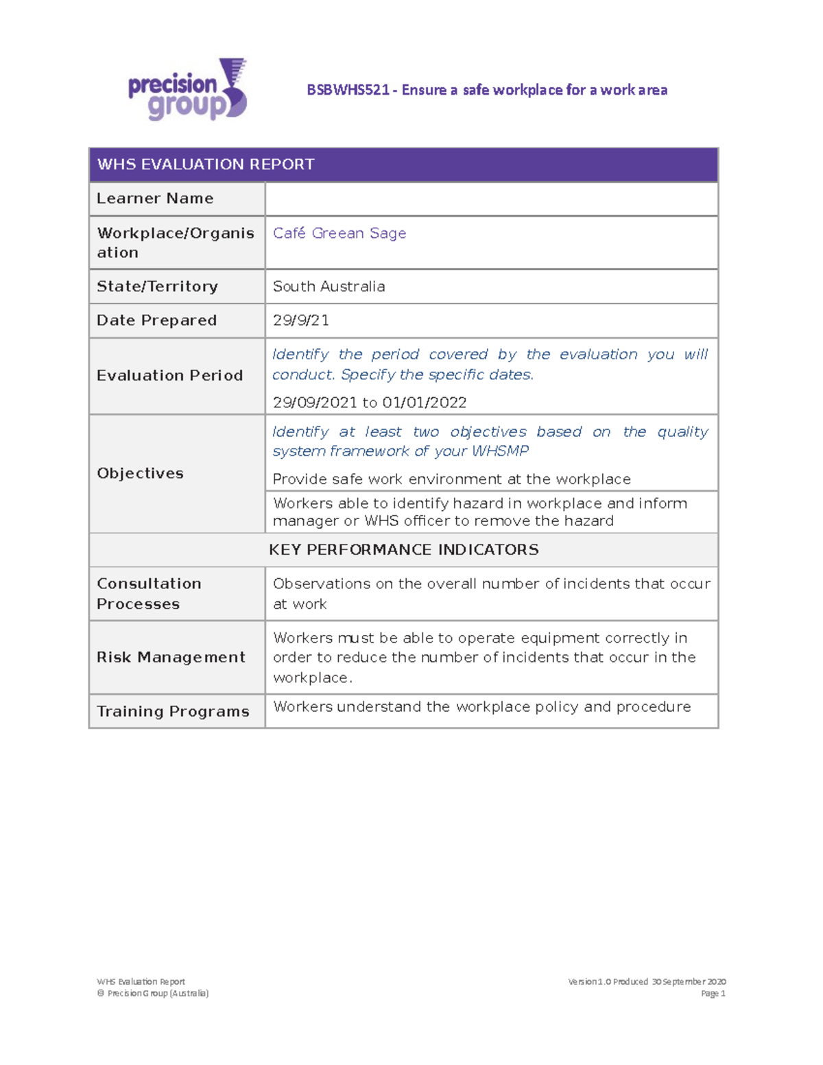 6 WHS-Evaluation-Report - BSBWHS521 - Ensure a safe workplace for a ...