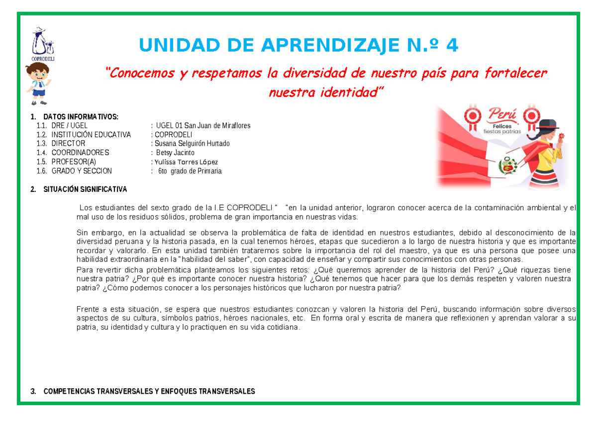 Unidad DE Aprendizaje 4 - 6TO Grado - Matemática - UNIDAD DE APRENDIZAJE N.º 4 1. DATOS - Studocu