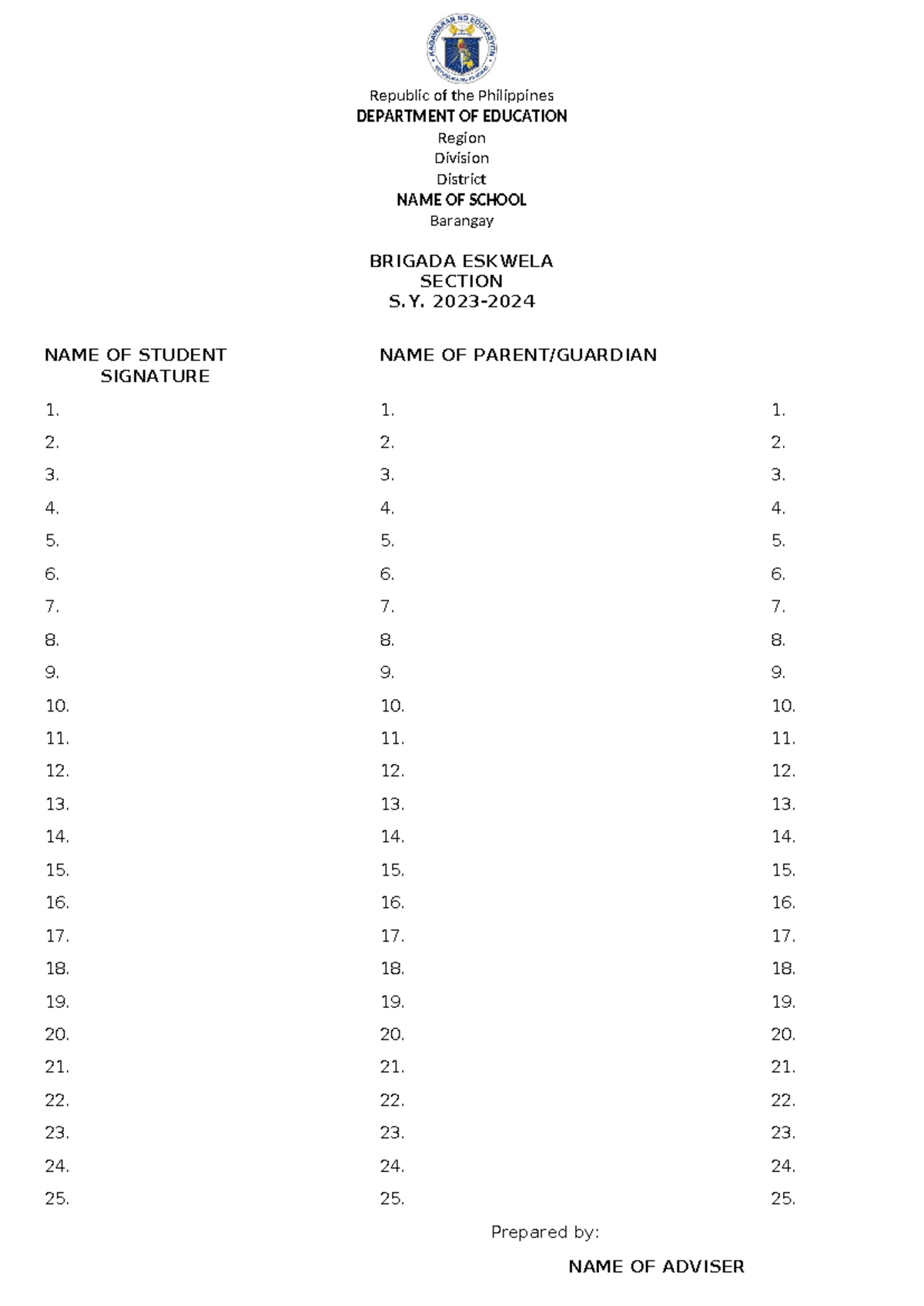 Bridaga Attendance Format - BSEd -English - Republic of the Philippines DEPARTMENT OF EDUCATION ...