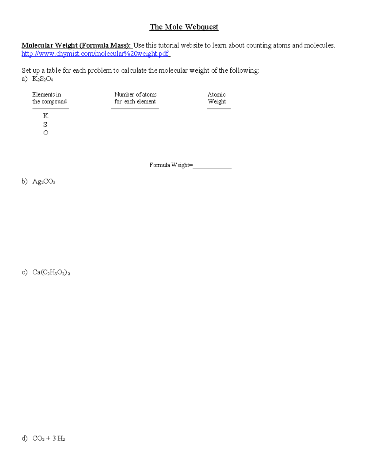 Mole Webquest - answer - The Mole Webquest Molecular Weight (Formula ...