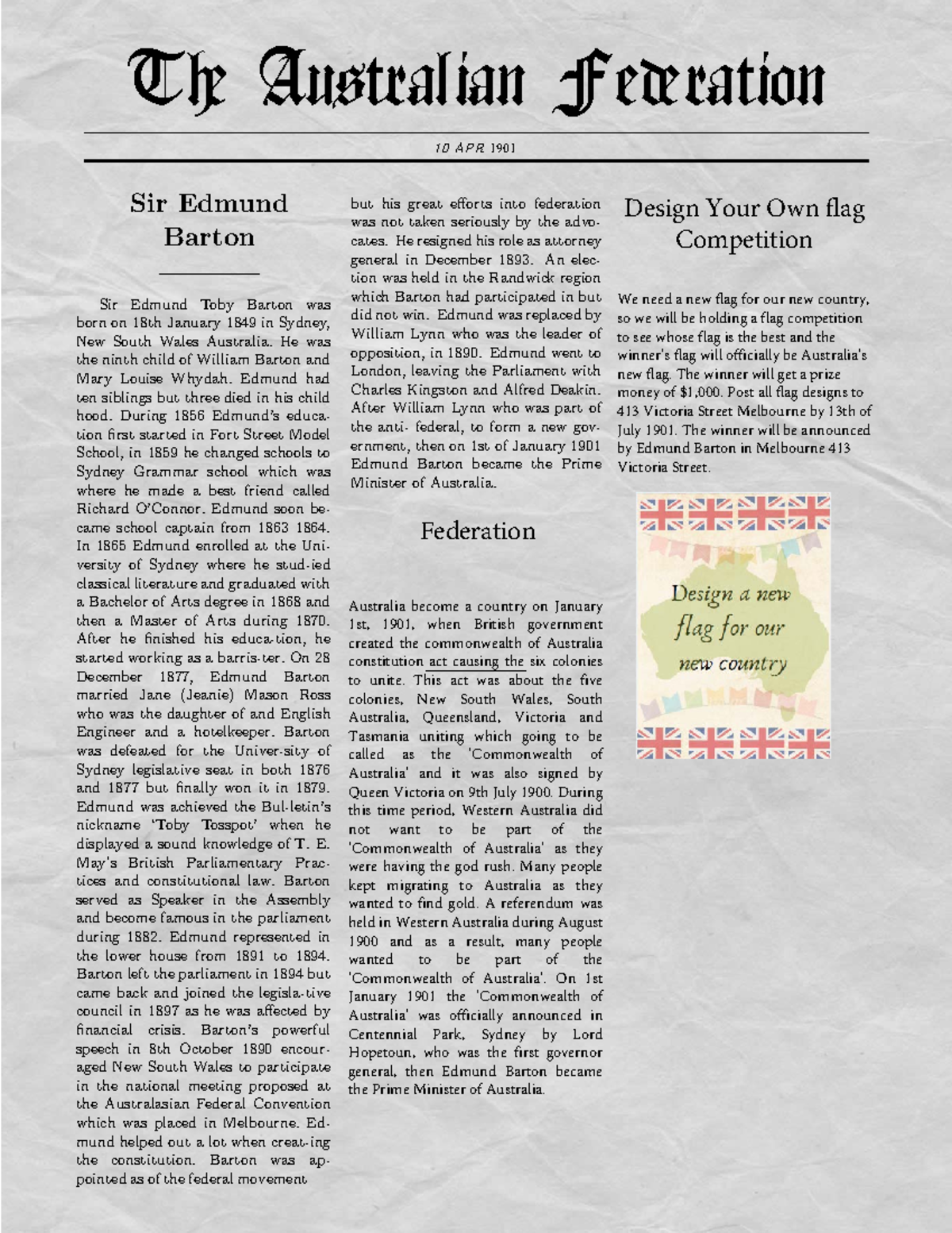 Newspaper for History - T ̇ Au‘tralian Feˇration 10 APR 1901 Sir Edmund ...