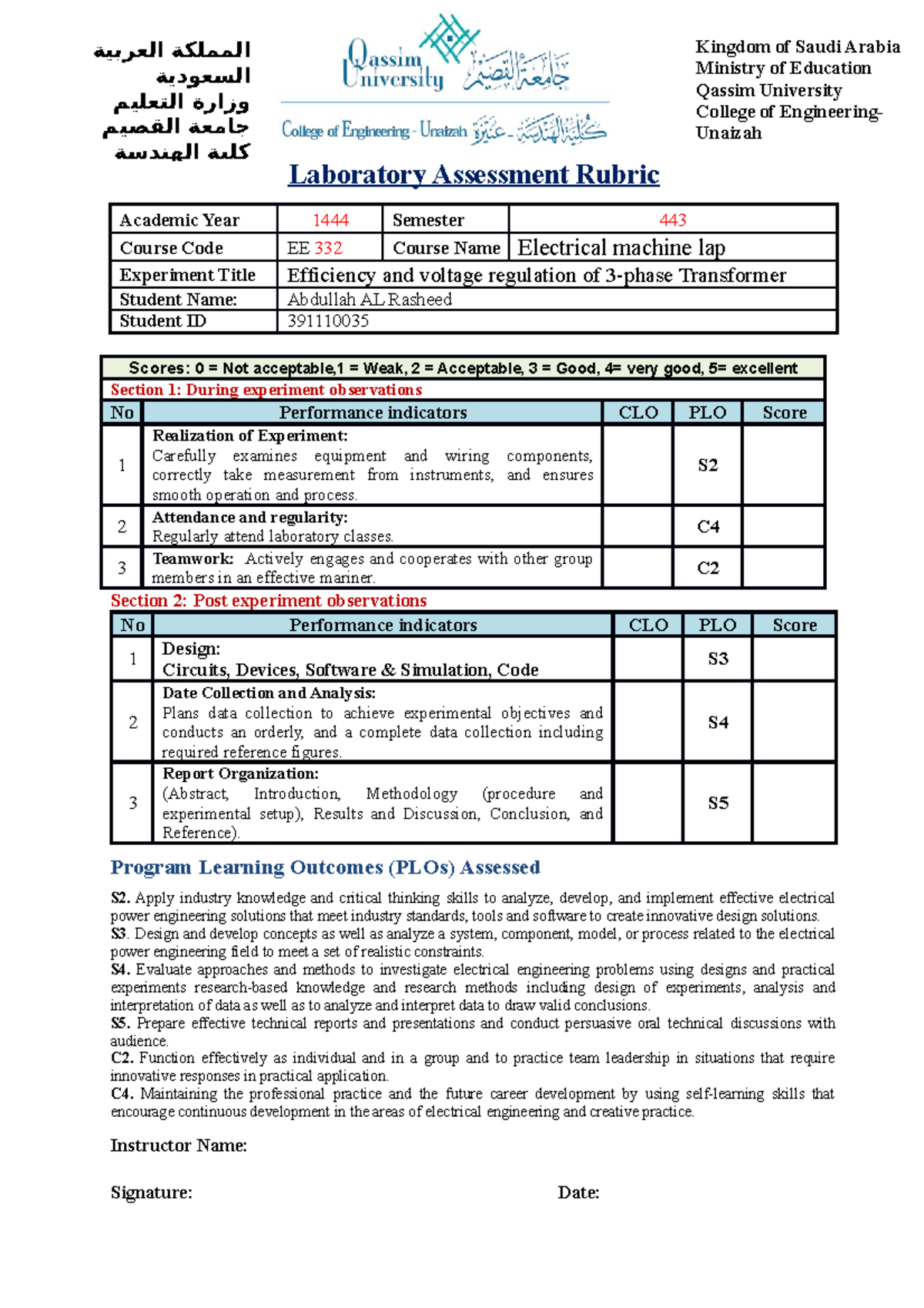 Lab EE332-2 - 2note - Laboratory Assessment Rubric Academic Year 1444 ...