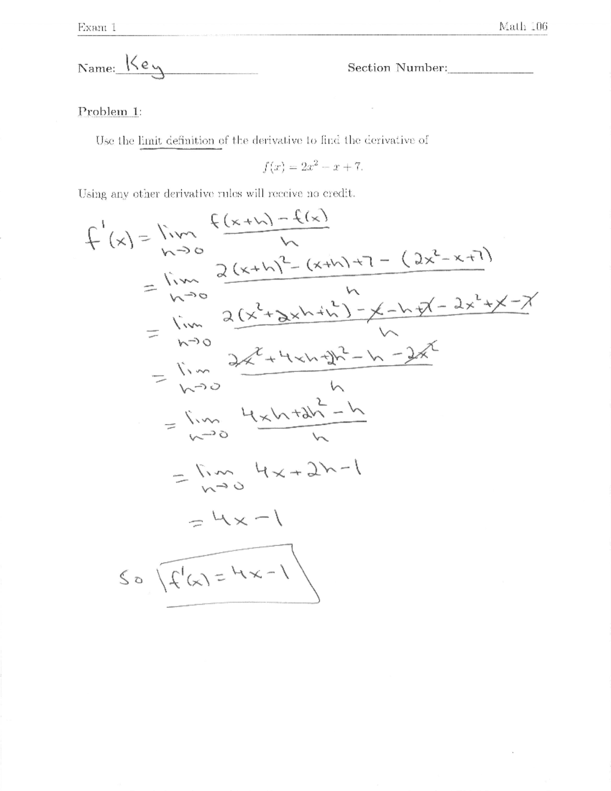 Math106 Fall21 Exam1 Solutions - Exam 1 Math 106 Name: Key Section ...