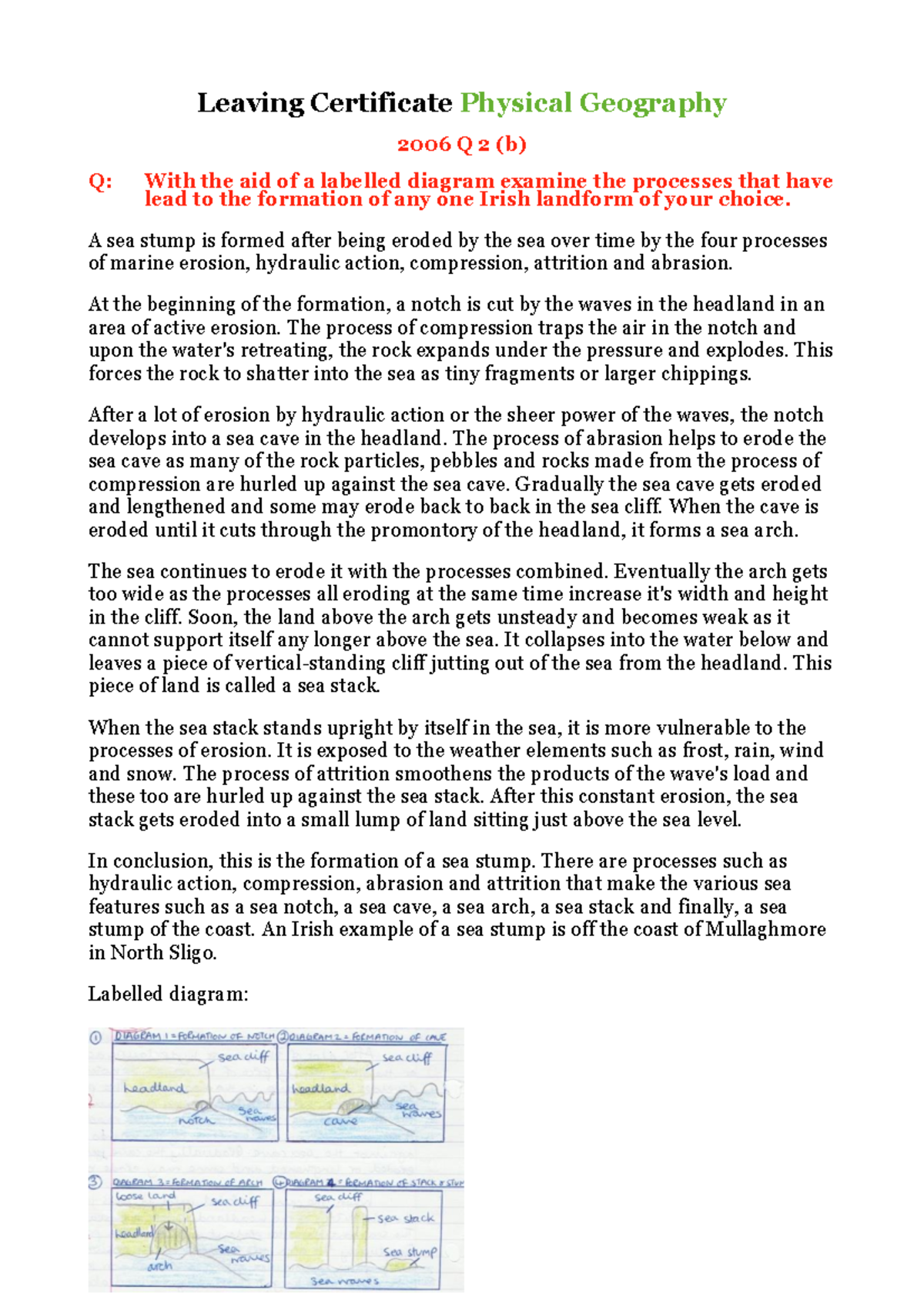 Coast formation essay - Leaving Certificate Physical Geography 2006 Q 2 ...