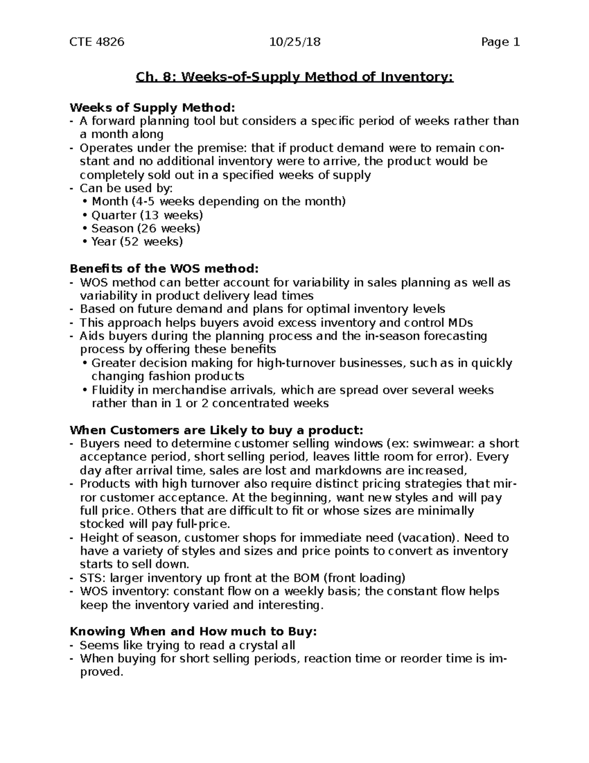 Chapter 8 notes - CTE 4826 Page 1 Ch. 8: Method of Inventory: Weeks of ...