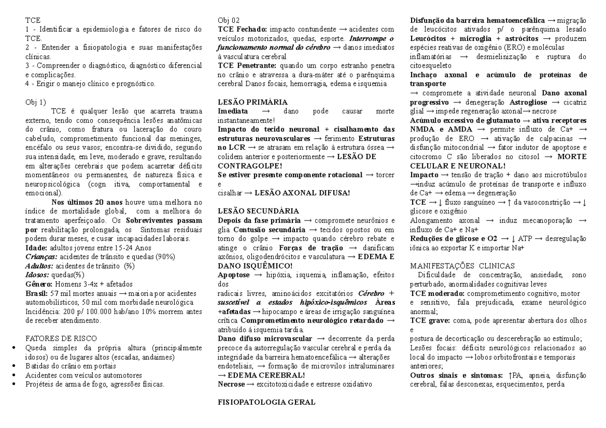 TCE - Resumo aula - TCE 1 - Identificar a epidemiologia e fatores de risco do TCE. 2 - Entender ...