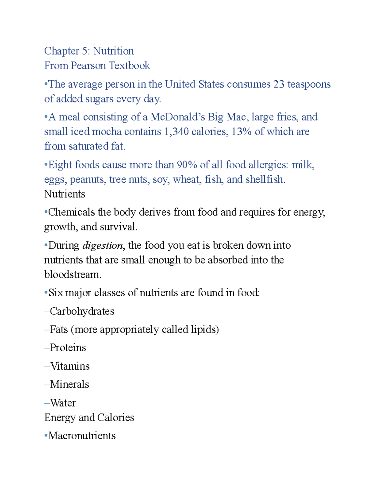 Chapter 5 Nutrition - Straight from Pearson textbook - Chapter 5 ...