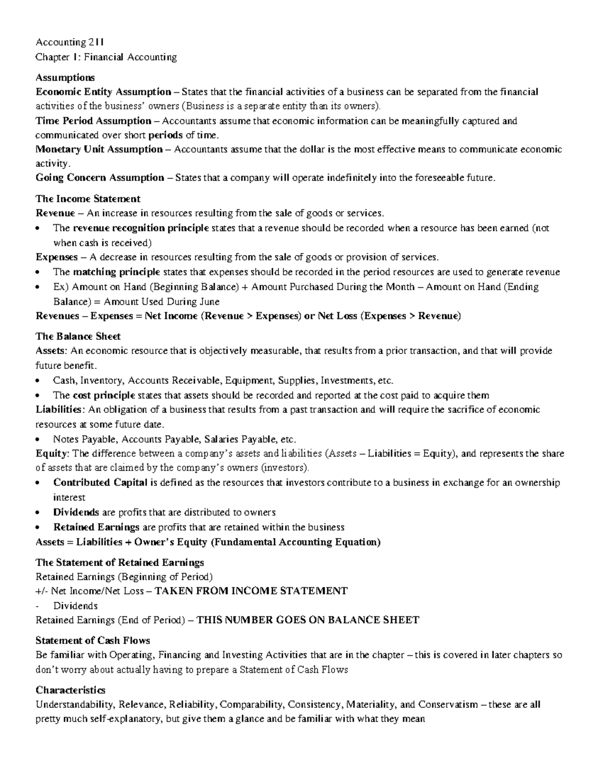 Exam 1 Review Sheet - Accounting 211 Chapter 1: Financial Accounting ...