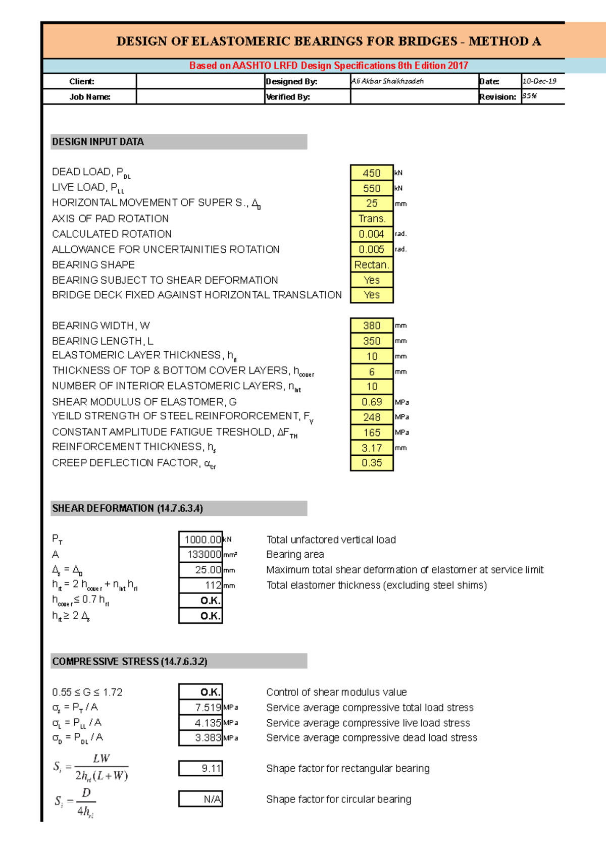 Pdfcoffee - DESIGN OF ELASTOMERIC BEARINGS FOR BRIDGES - METHOD A Based on AASHTO LRFD Design ...