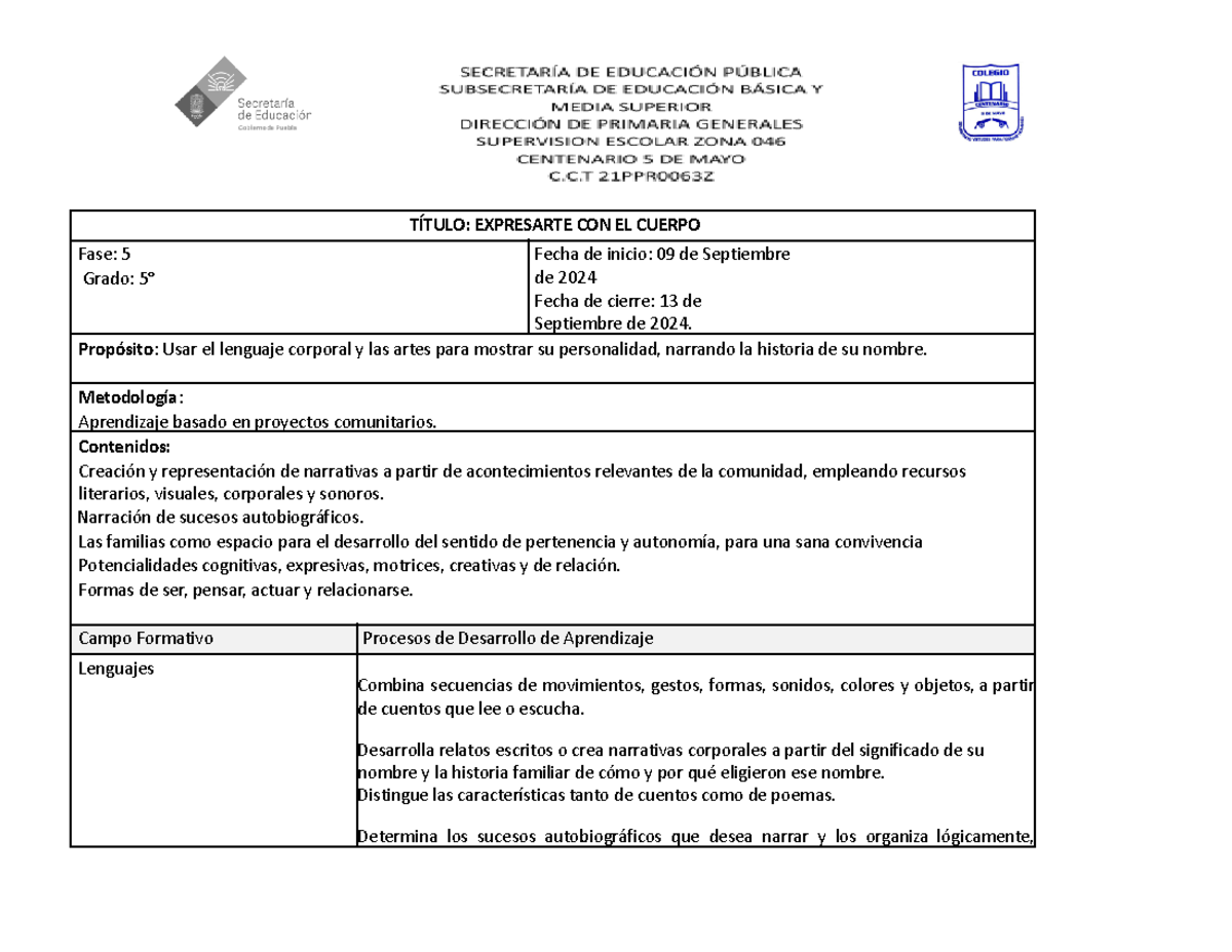 Planeación lenguajes°.docx - TÍTULO: EXPRESARTE CON EL CUERPO Fase: 5 ...