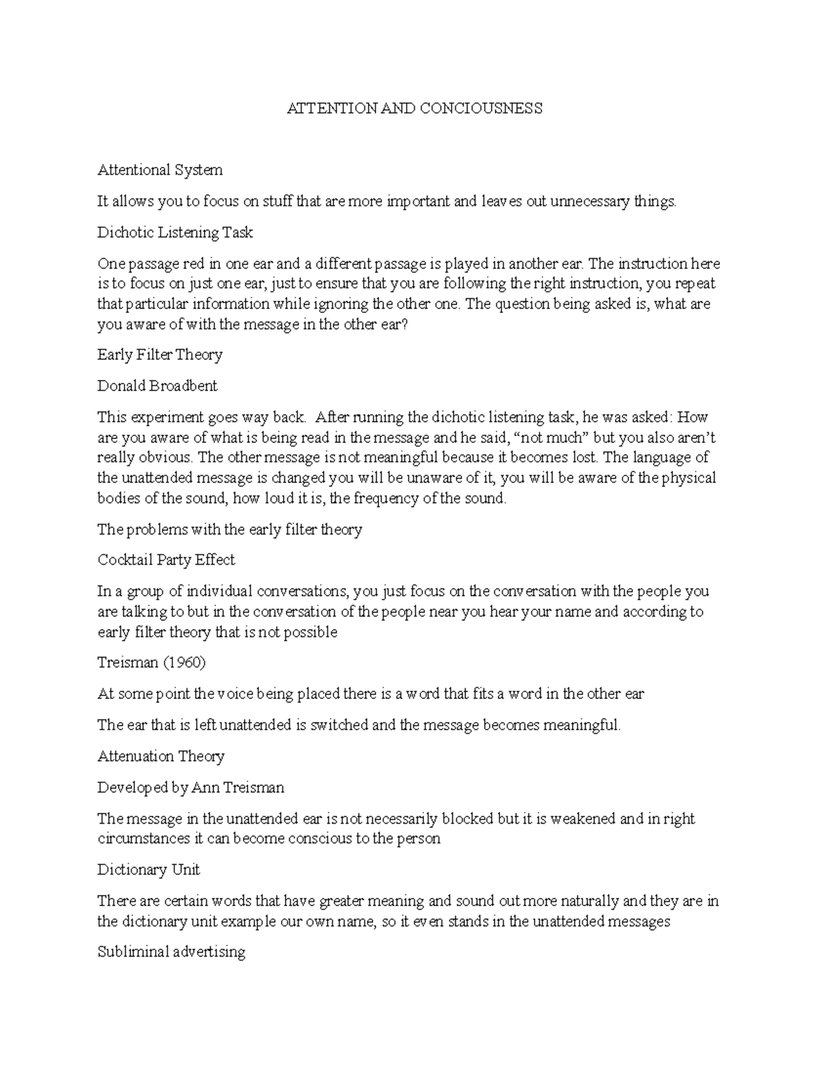 Psy 120 Attention and Conciousness - ATTENTION AND CONCIOUSNESS ...