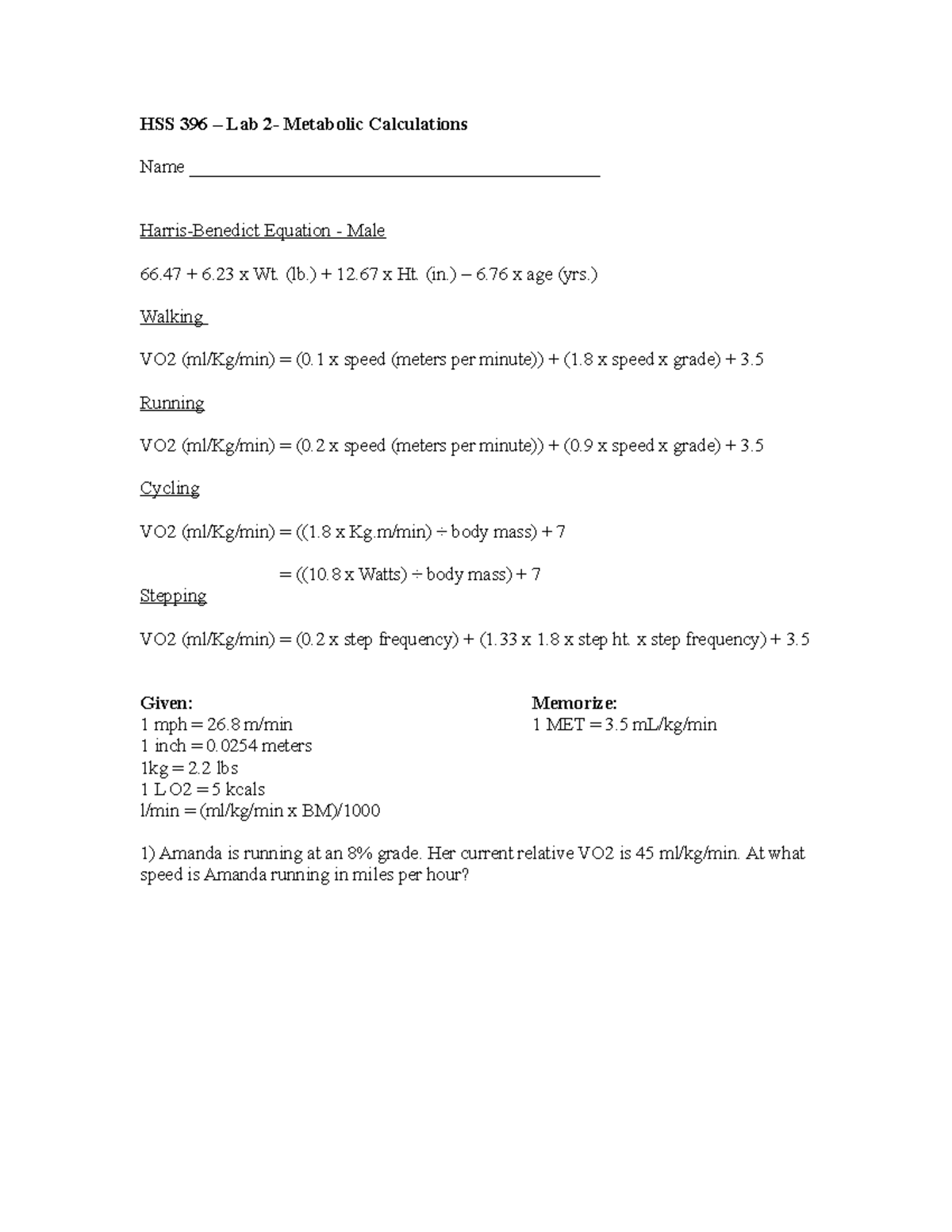 Lab 2- Metabolic Equations - HSS 396 – Lab 2- Metabolic Calculations ...