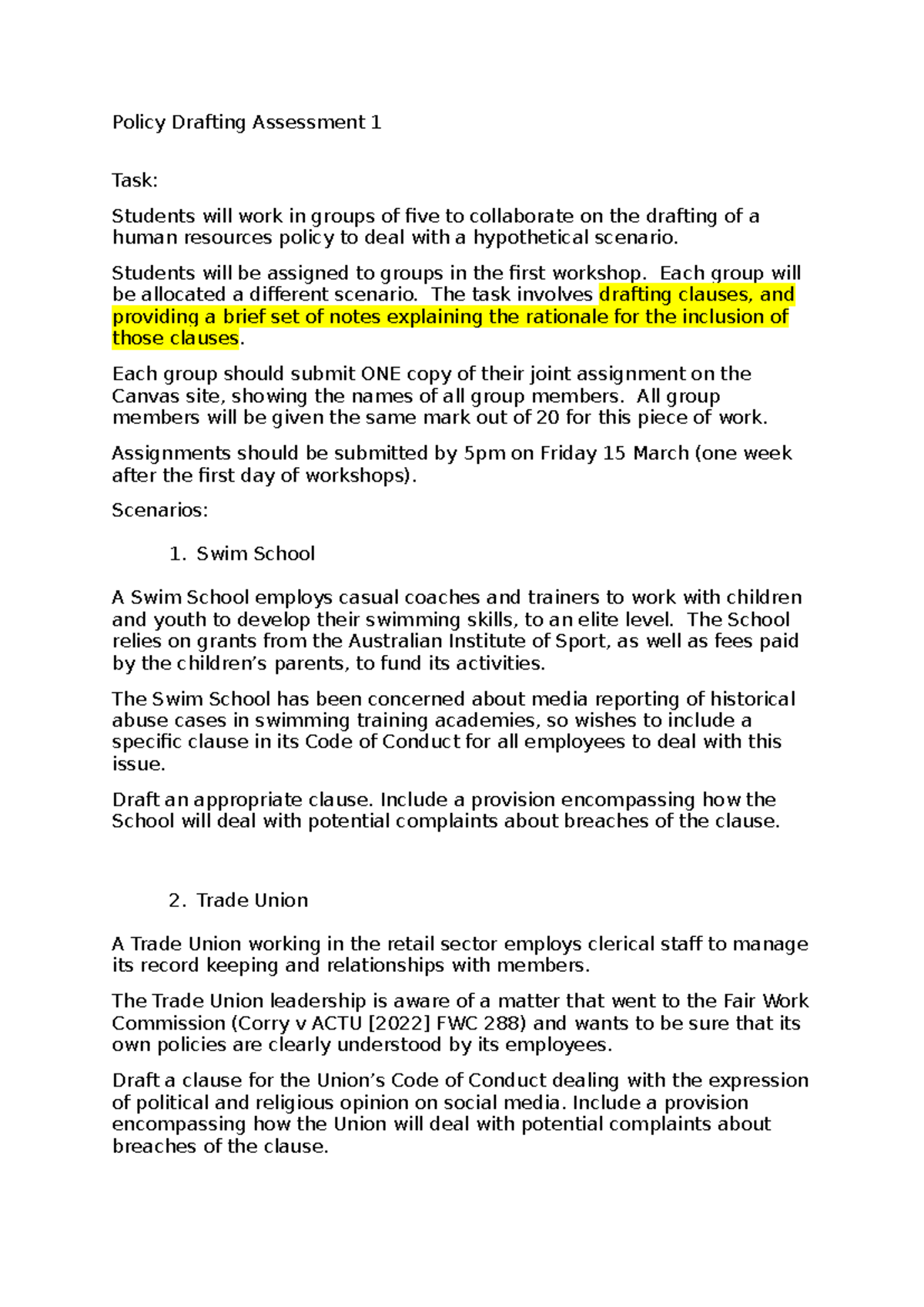 Policy Drafting Assessment 1 - Students will be assigned to groups in ...