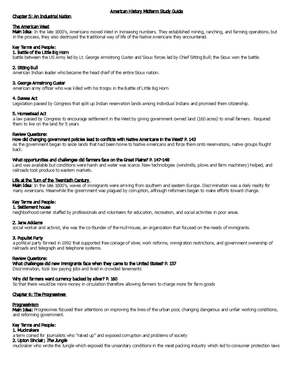 AH Midterm Study Guide Answer Key.12 - American History Midterm Study ...