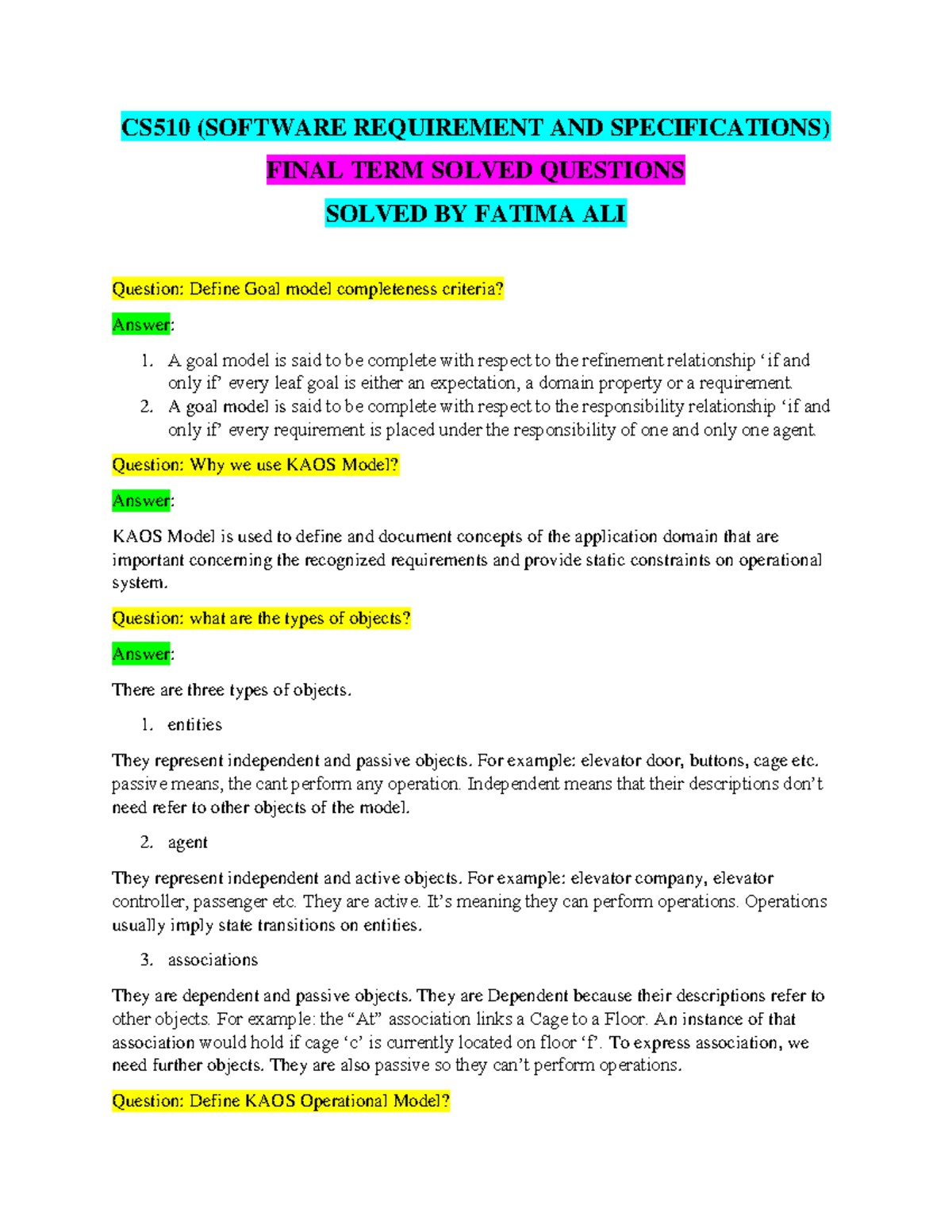 CS510-final-term-subjectivesolvedby Fatima Ali - CS510 (SOFTWARE REQUIREMENT AND SPECIFICATIONS ...