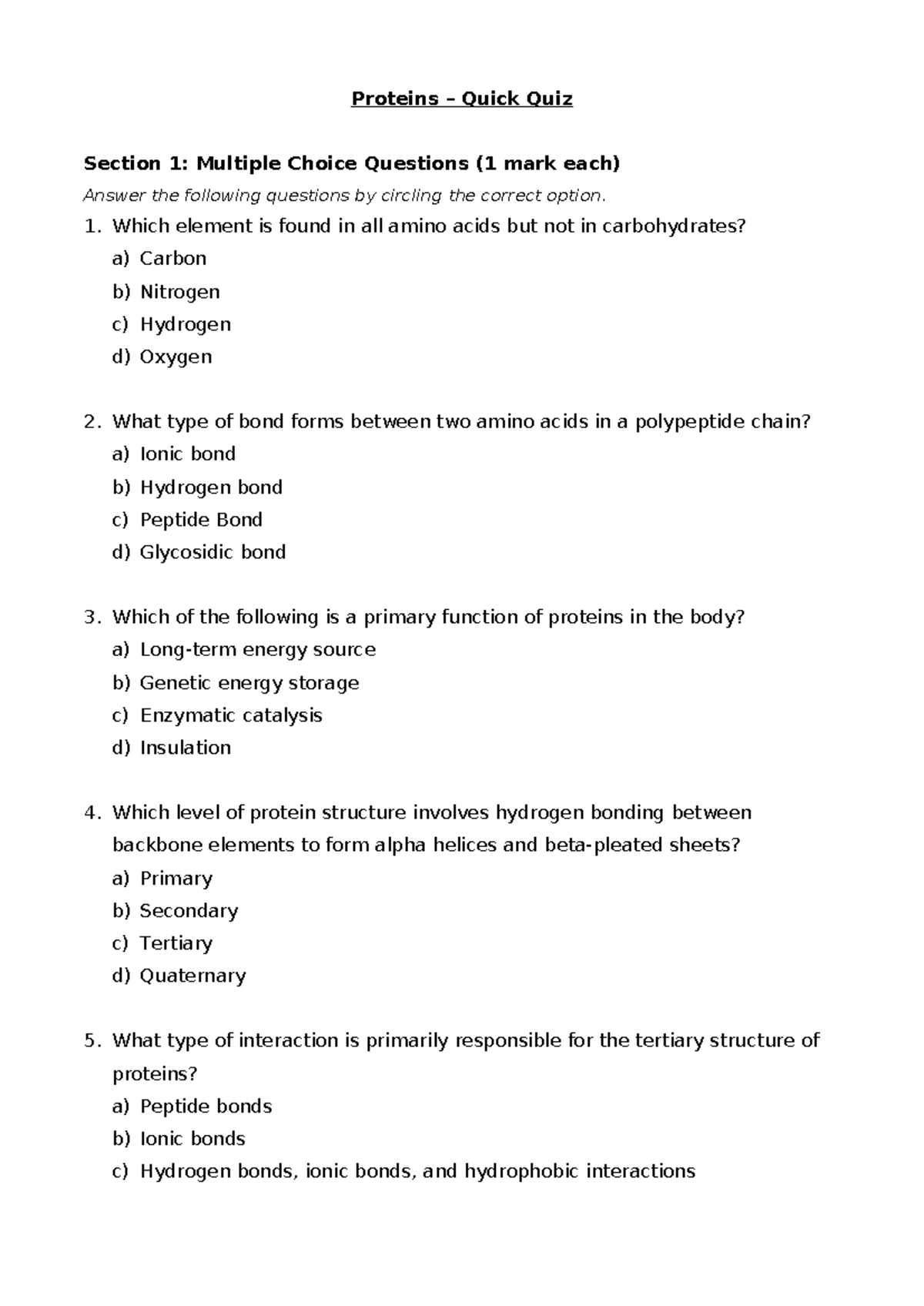 Proteins – Quick Quiz - Revision quiz - Proteins – Quick Quiz Section 1 ...