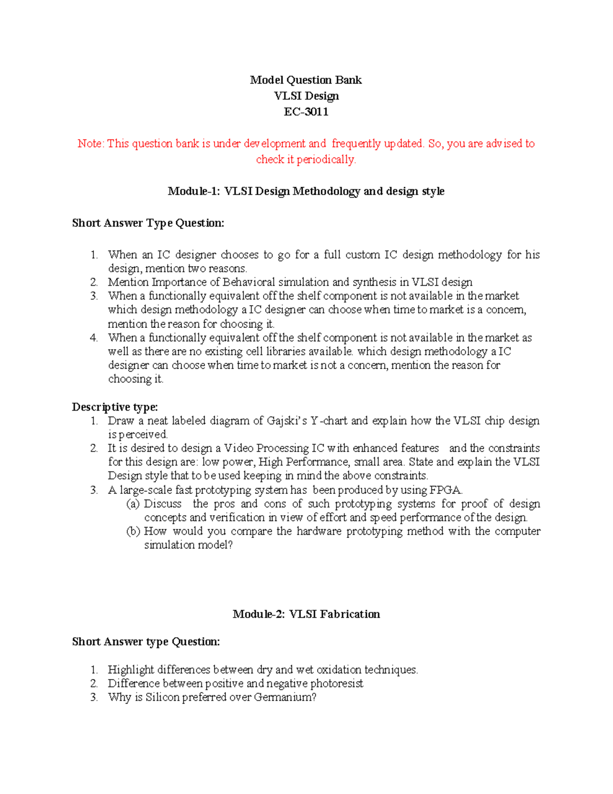 Model Question Bank VLSI - Model Question Bank VLSI Design EC- Note: This question bank is under ...