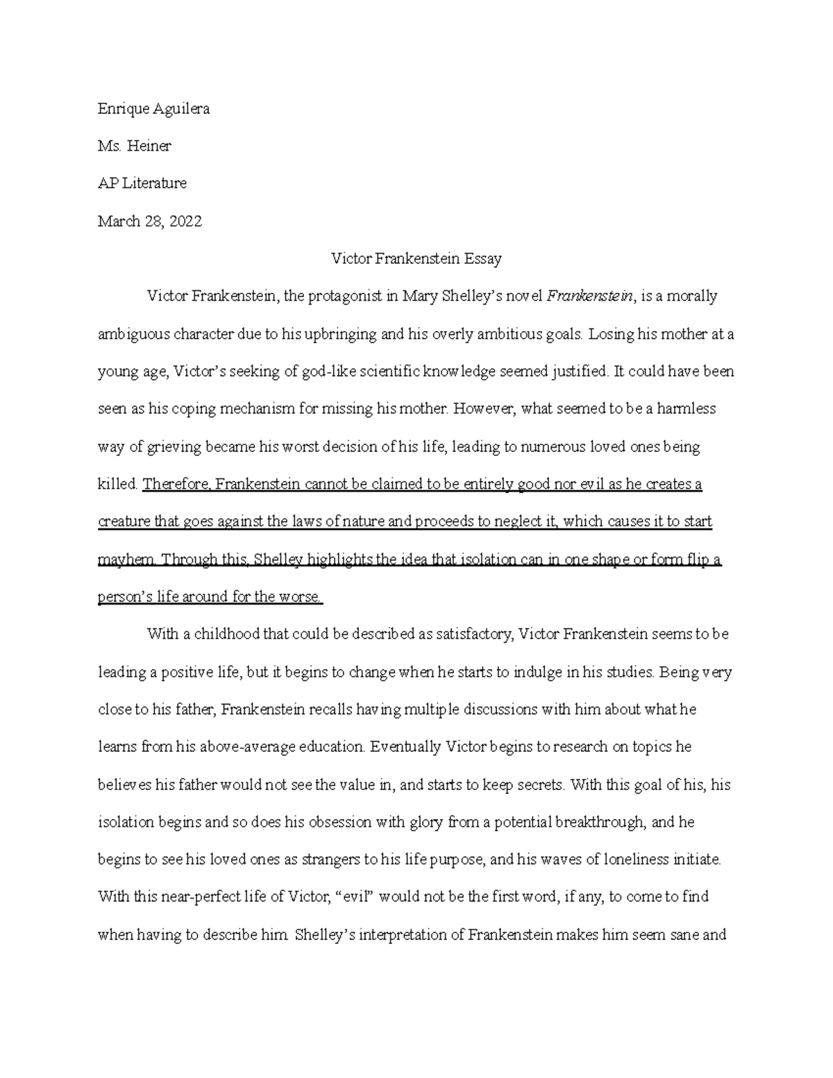 Frankenstein Final Essay Prompt - Enrique Aguilera Ms. Heiner AP ...