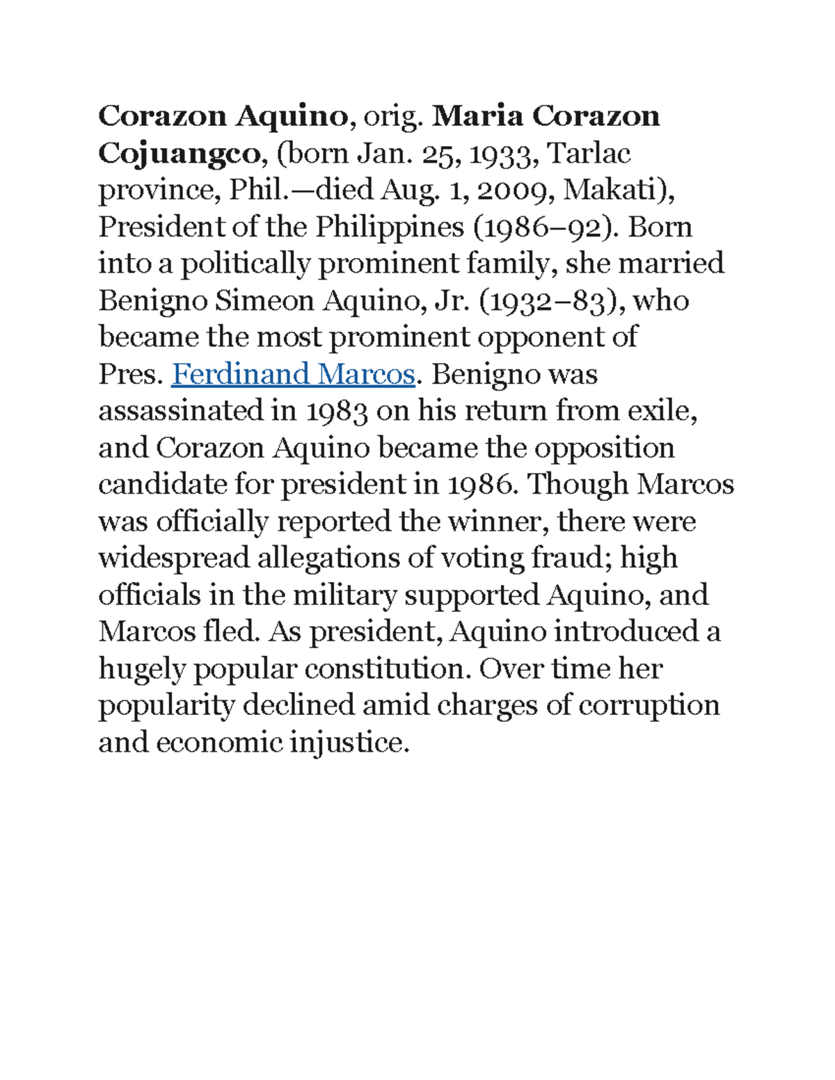 Corazon Aquino - Maria Corazon Cojuangco, (born Jan. 25, 1933, Tarlac ...