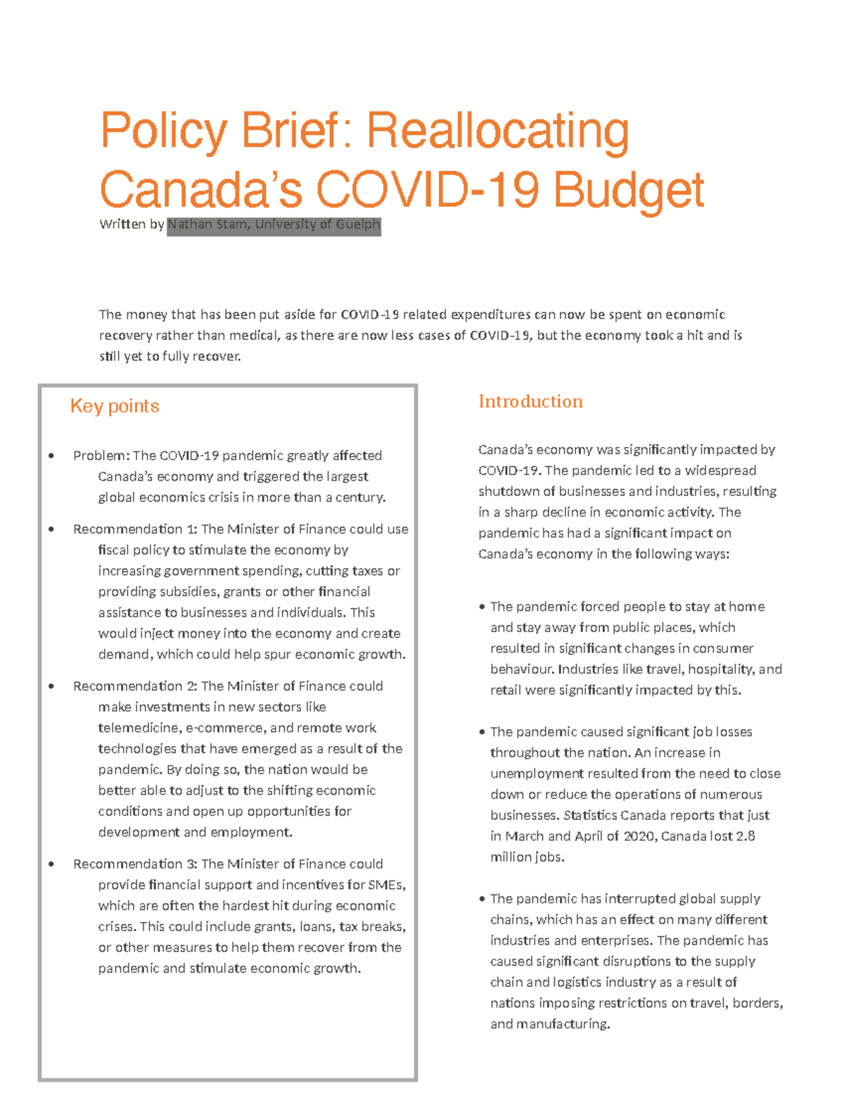 883599 DPE - Policy Brief - Policy Brief: Reallocating Canada’s COVID ...