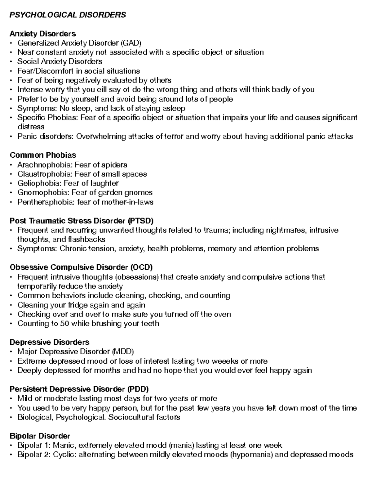 PSY-102 Psychological Disorders - PSYCHOLOGICAL DISORDERS Anxiety ...