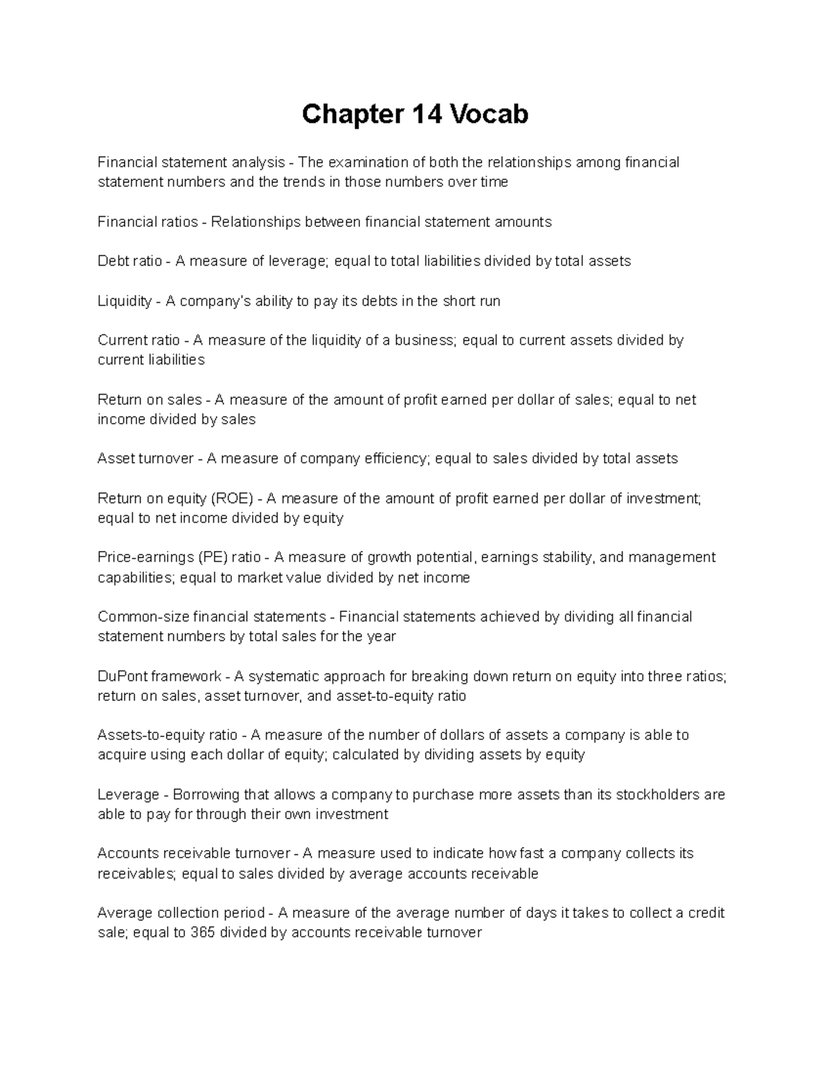 Chapter 14 Vocab - Chapter 14 Vocab Financial statement analysis - The ...