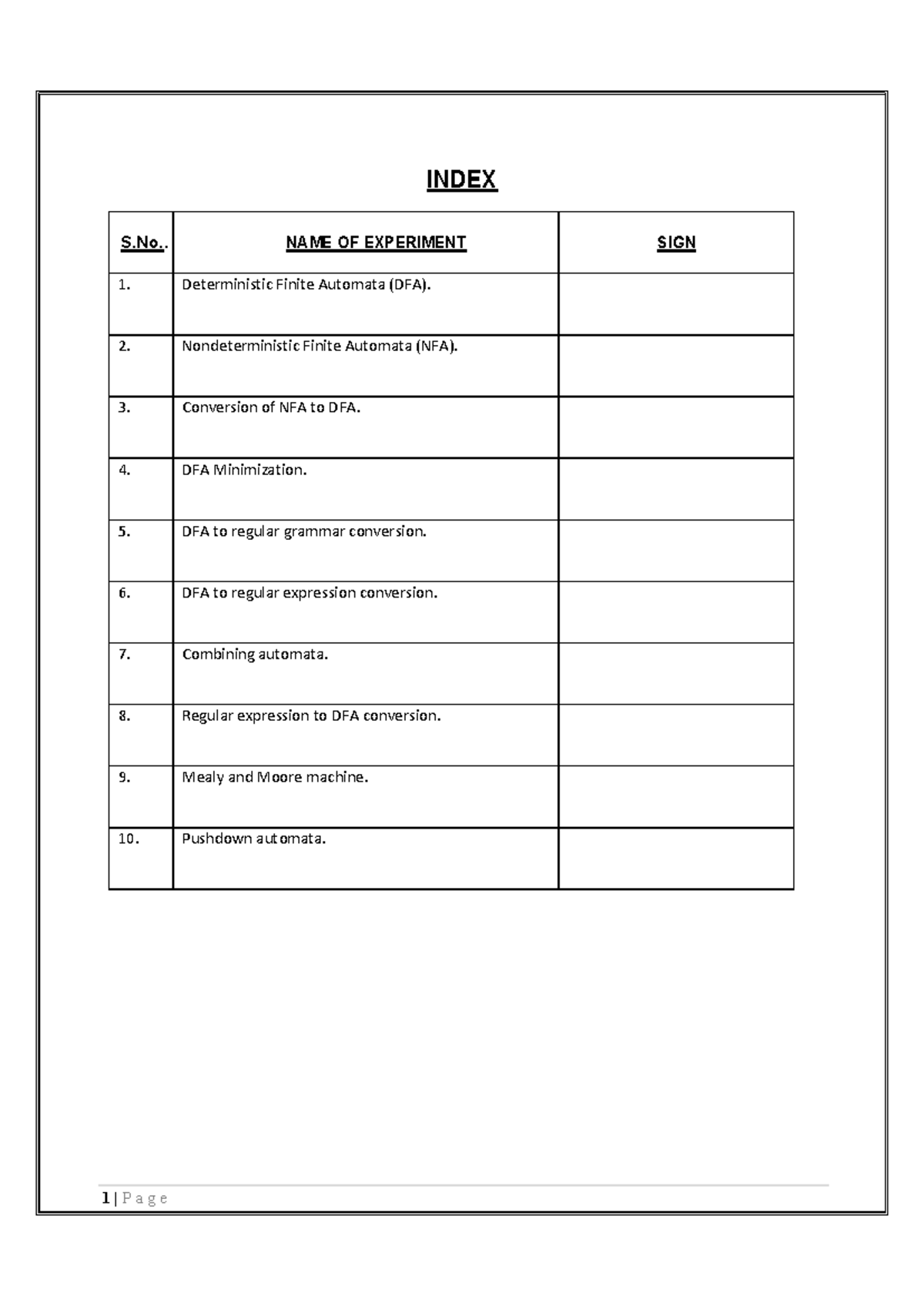 Toc final - toc rgpv practical - INDEX S.. NAME OF EXPERIMENT SIGN 1 ...