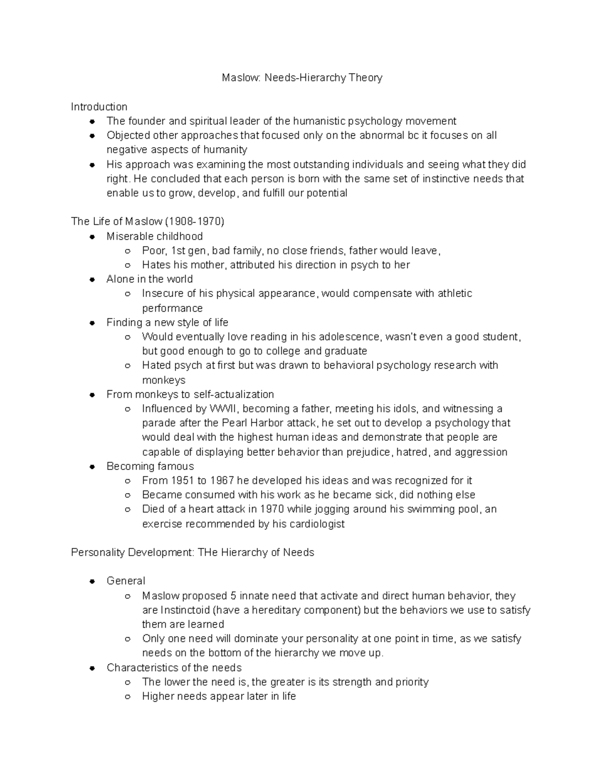 Week 9 Maslow - Maslow: Needs-Hierarchy Theory Introduction The founder ...