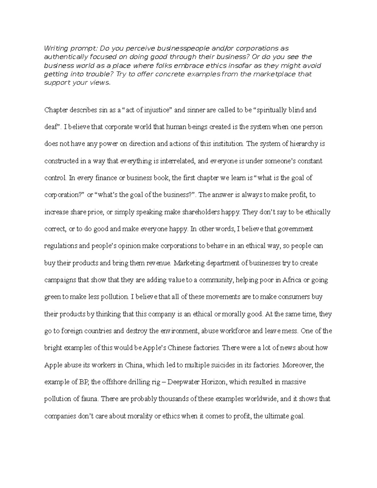 Writing prompt 4 - Grade: A - Writing prompt: Do you perceive ...