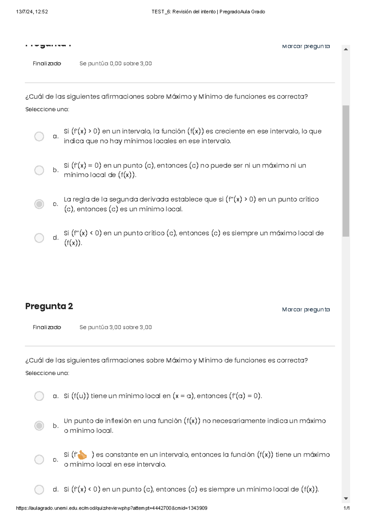 Test 4 Calculo Diferencial - 13/7/24, 12:52 TEST_6: Revisión del ...