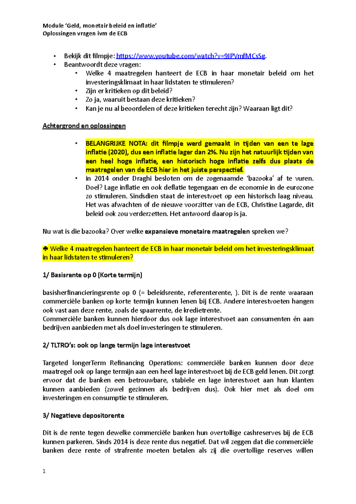 Module ‘Geld, monetair beleid en inflatie’ Oplossingen vragen ivm de ...