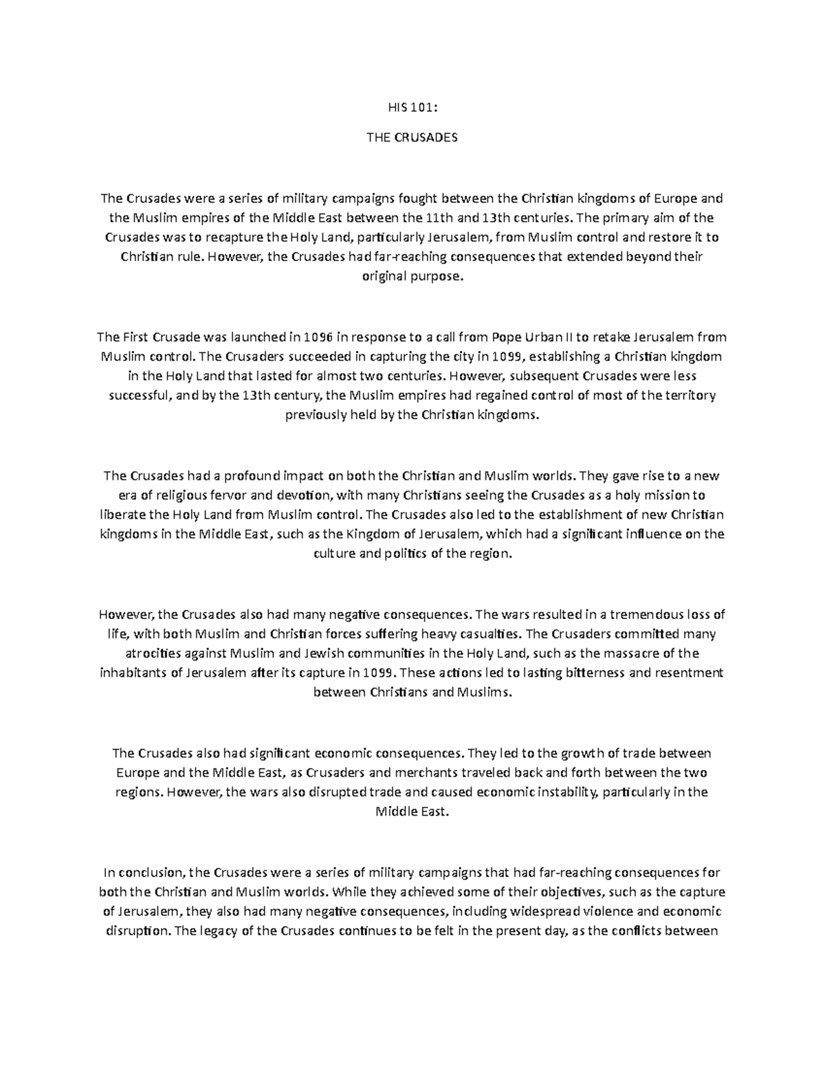 HIS 101 - the crusades - lecture notes - HIS 101: THE CRUSADES The ...
