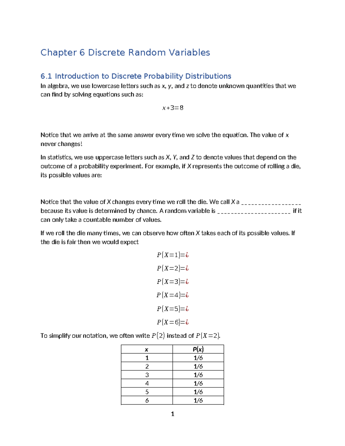 MATH 1680 Chapter 6 Notes - Chapter 6 Discrete Random Variables 6 ...